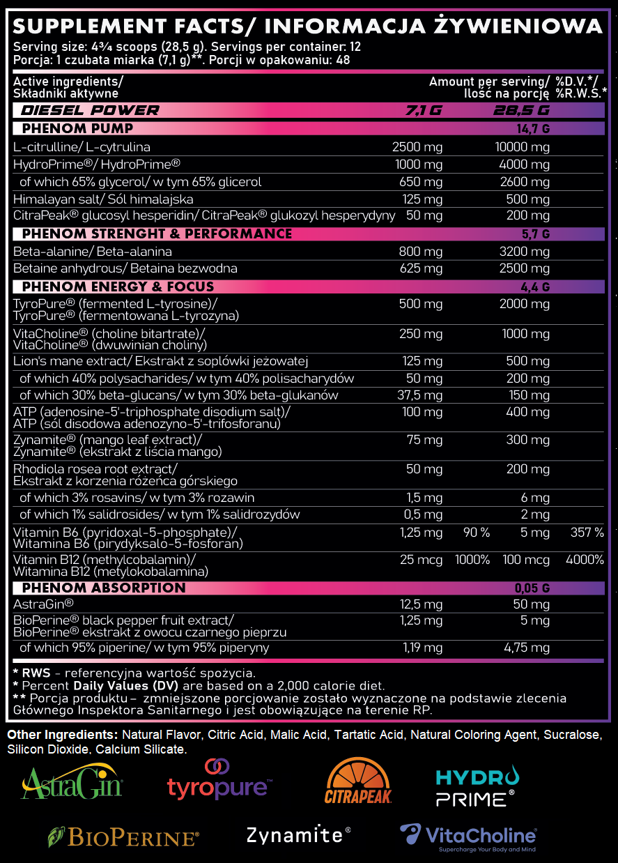 Phenom Diesel Power 342g Przedtreningówka Bez Stymulantów Stim Free Pre ...